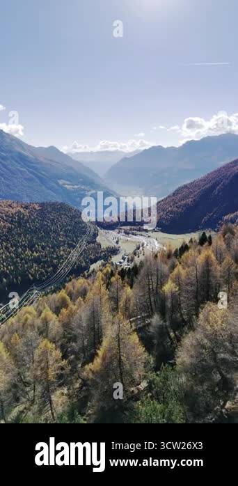 Aerial drone view of Alp Grm in the Bernina Alps, Switzerland. The ...