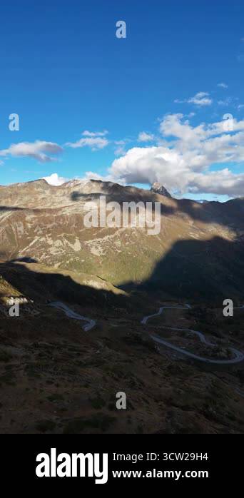 Aerial drone view of Bernina Pass in the Swiss Alps, Switzerland. The ...