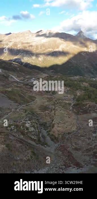 Aerial drone view of Bernina Pass in the Swiss Alps, Switzerland. The ...