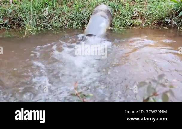 Clean Water Discharge Flowing Strongly from a Metal Pipe into a River ...