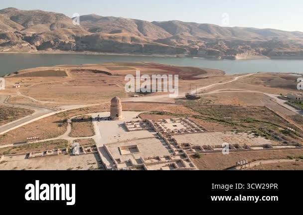 Drone aerial view new Hasankeyf settlement with monuments replicas ...