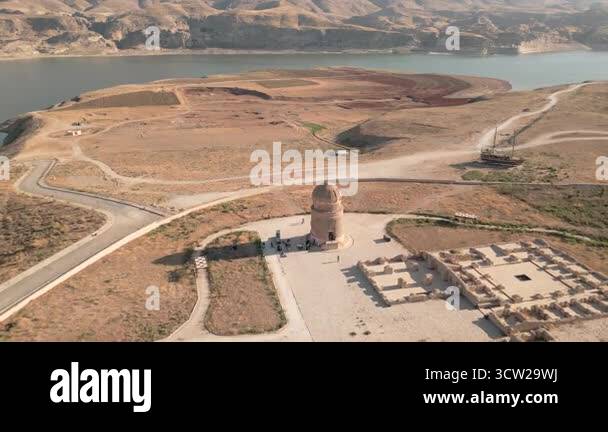 Aerial zoom in view of Zeynel Bey Tomb and surrounding relocated ...