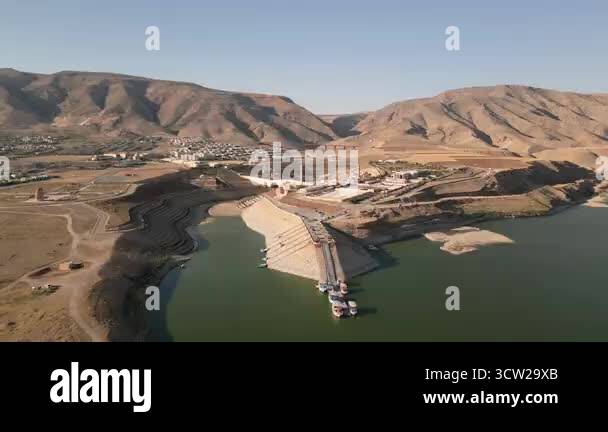 Drone aerial view new Hasankeyf settlement with monuments replicas ...