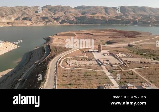 Drone aerial of relocated Zeynel Bey Tomb and ancient monuments in new ...