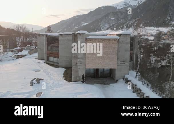 Mestia, Georgia - 16th march, 2025: aerial view Svaneti Museum entrance ...