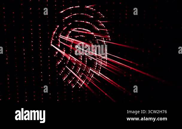 A holographic projection of a glowing red fingerprint made of floating ...