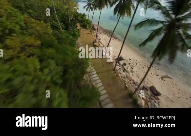 FPV Drone Swooping Over Green Cliff and Narrow Shoreline With Palm ...