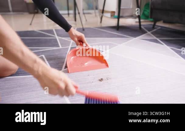 Person Collecting Dust with Brush and Dustpan on Patterned Carpet from ...