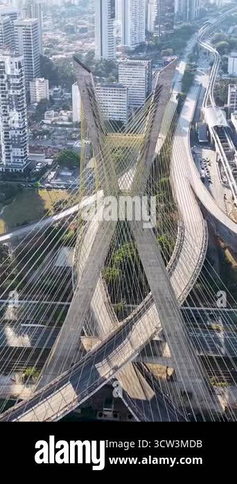 Cable Stayed Bridge At Sao Paulo In Brazil. Downtown Cityscape. Traffic ...