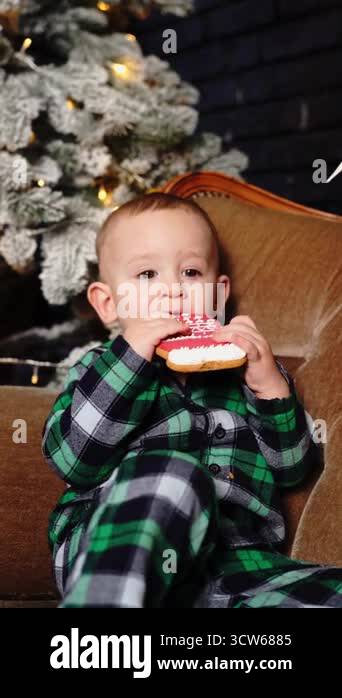 A child in green pajamas sits on a sofa near a Christmas tree and bites ...