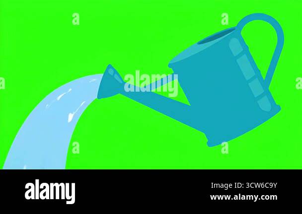 A simple 2D cartoon animation of a blue watering can pouring a stream ...