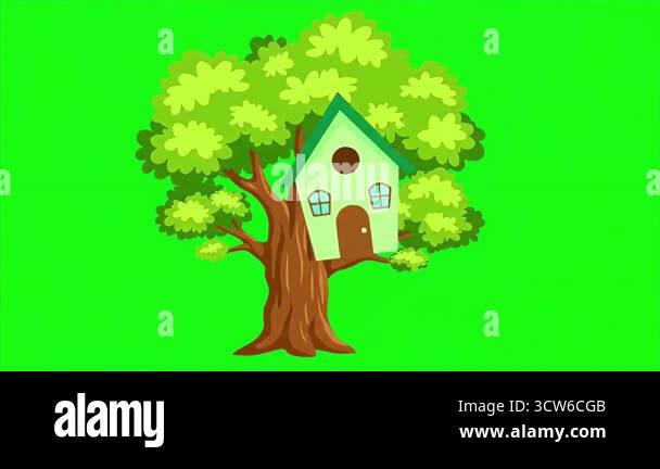 A cute tree house in the middle of the forest with a green background ...