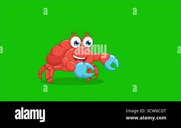 A cheerful cartoon crab character waving its claws on a green screen ...
