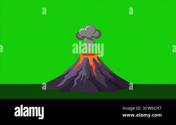 Animated volcano eruption with smoke and lava flowing down the sides ...