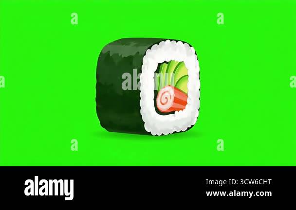 A vibrant sushi roll isolated on a green screen, perfect for culinary ...