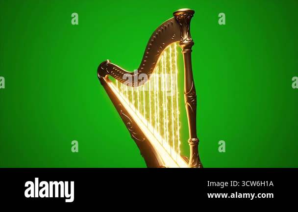 An elegant golden harp with luminous strings isolated against a green ...