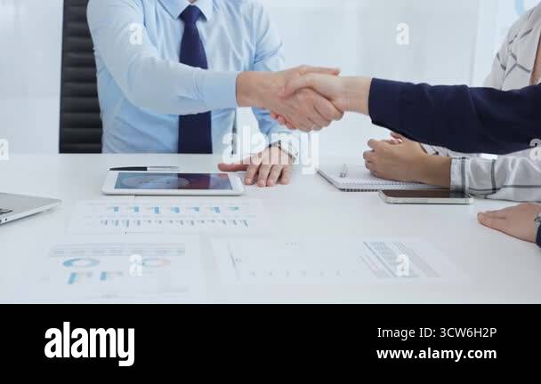 Professional colleagues concluding business agreement, hands clasped ...