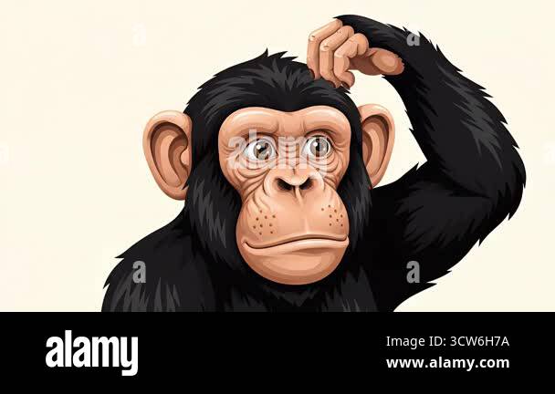A chimpanzee scratching its head, deep in thought, pondering a question ...