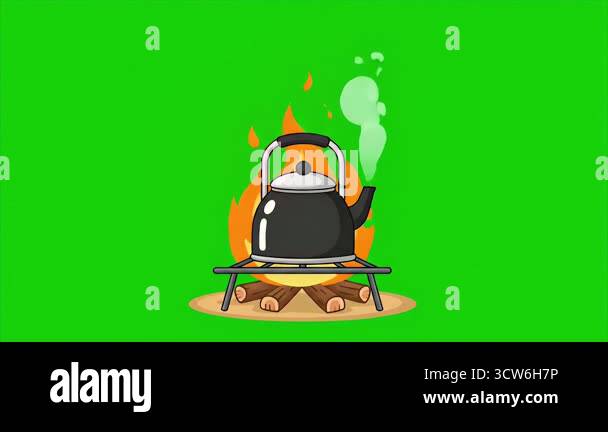 Animated kettle boiling over a campfire with a green screen background ...