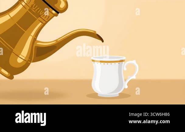 A golden dallah pours rich, dark Arabic coffee into a white cup ...