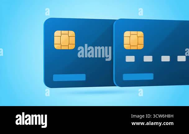 A modern blue credit card with a gold security chip isolated on a blue ...