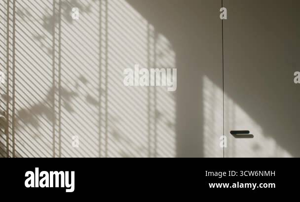 Sunlight streams through window blinds, casting shadows on a plain wall ...
