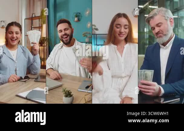 Collage of happy rich people men women counting money dollar cash ...