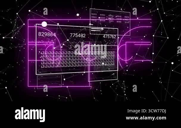 Emerging purple keyboard wireframe activating data panels displaying ...