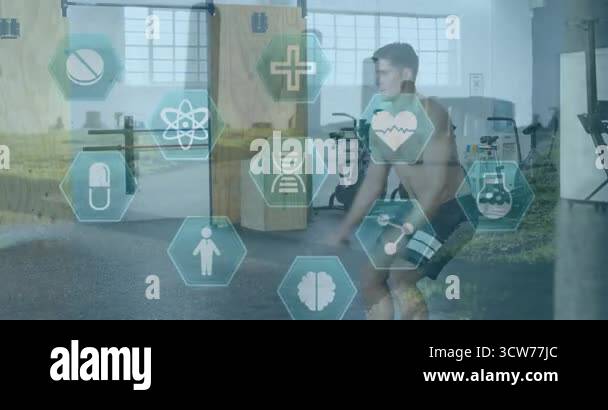 Animation of medical and health icons over caucasian man exercising in ...