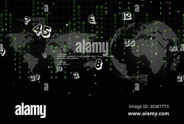 At start dotted world map, rotating globe showing floating numbers over binary code for ...