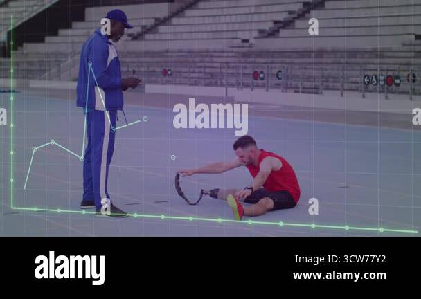Coach tapping tablet guiding athlete stretching blade while live sports ...