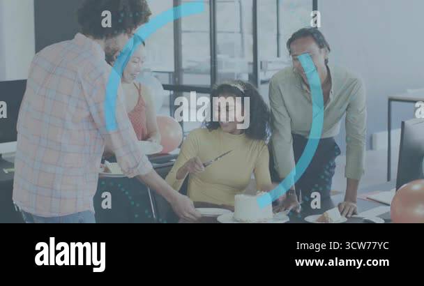 Coworkers gathering in office, picking knife and cutting birthday cake ...