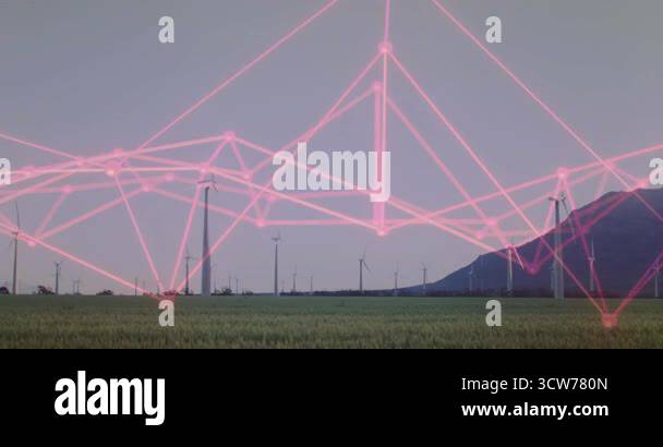 Pink mesh network appearing across wind turbines, pulsing, shifting ...