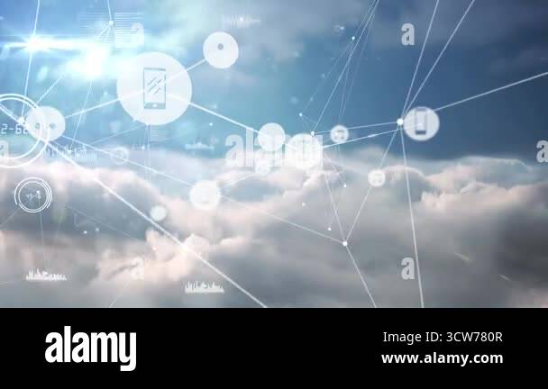 Animation of network of connections with icons over cloudy sky. global ...