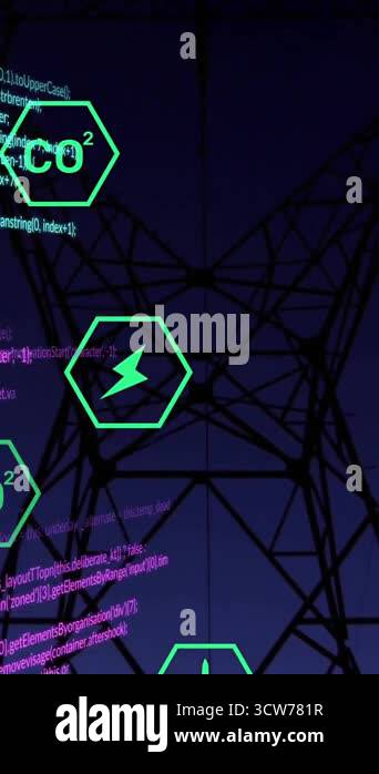 Animation of ecology icons and data processing over electric pylon ...