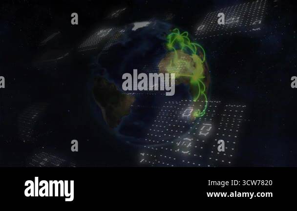 Translucent 3D globe fading while rotating, arcs launching over emerging grid, conveying network ...