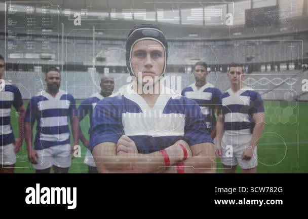 Camera holding rugby player and team showing fading overlay scanning ...