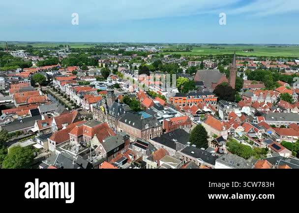 Aerial from the historical city Bolsward in Friesland the Netherlands ...