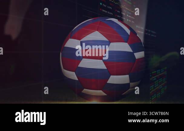 Financial charts fading behind soccer ball, player foot sliding in ...