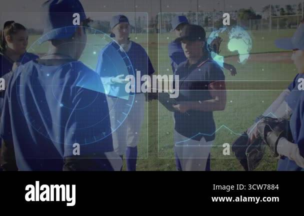 Female coach briefing sports team strategy on infield, activating radar ...