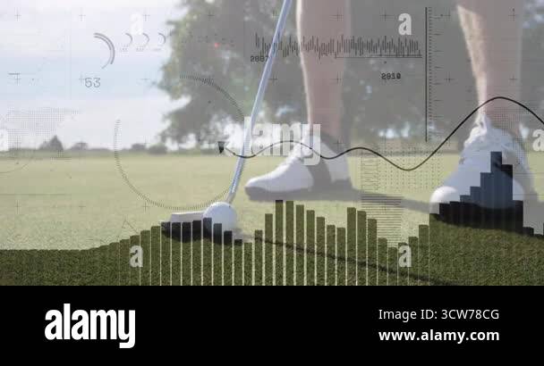 Male golfer aligning putter ball on green, contacting ball spiking golf ...