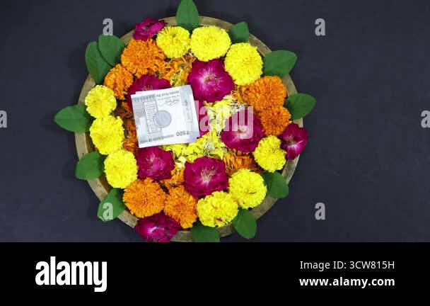 Indian Festival Puja Plate Decoration With Marigold, Rose, And Rupee ...