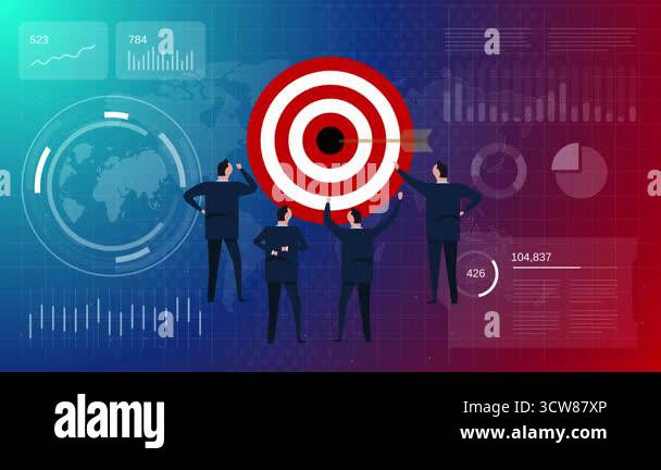 Team of business professionals pointing towards a large target dynamic ...