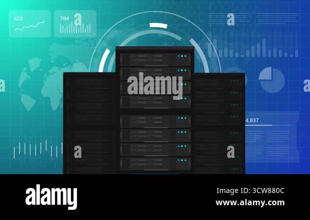 server and data center management multiple server racks in the center with real time data and ...