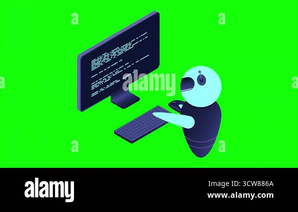 Futuristic robot interaction with computer animation. Isometric AI ...