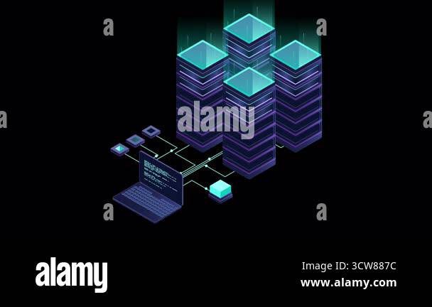 Database servers animation. Server room data center. Hosting server ...