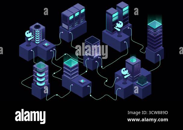 3d isometric concept big data center with server animation. Cloud computing. Network mainframe ...