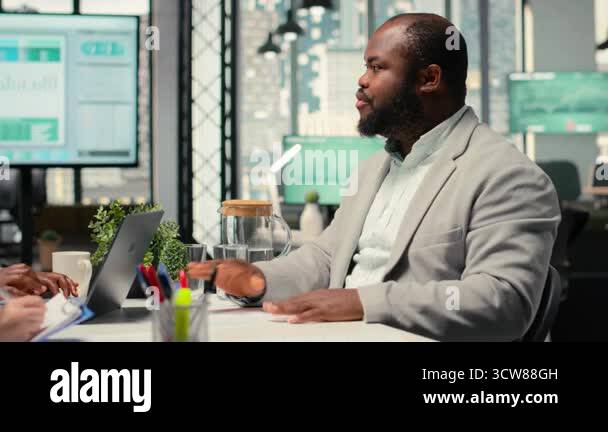 HR team conduct CV evaluation with candidate during job interview in a ...