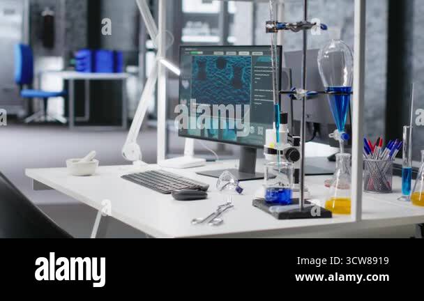Laboratory tools and blood samples in empty diagnostics lab, scientific ...