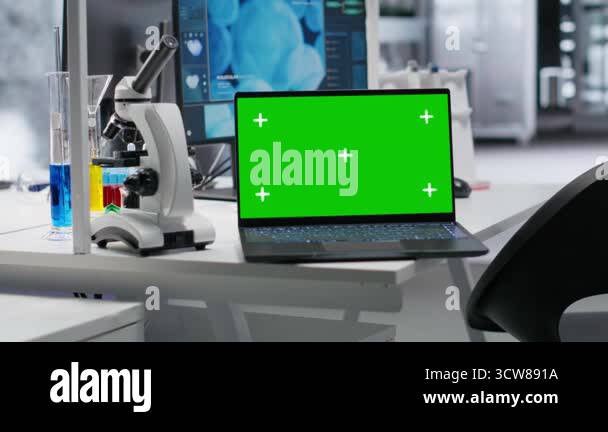 Laptop with mockup screen on laptop in empty laboratory with research ...